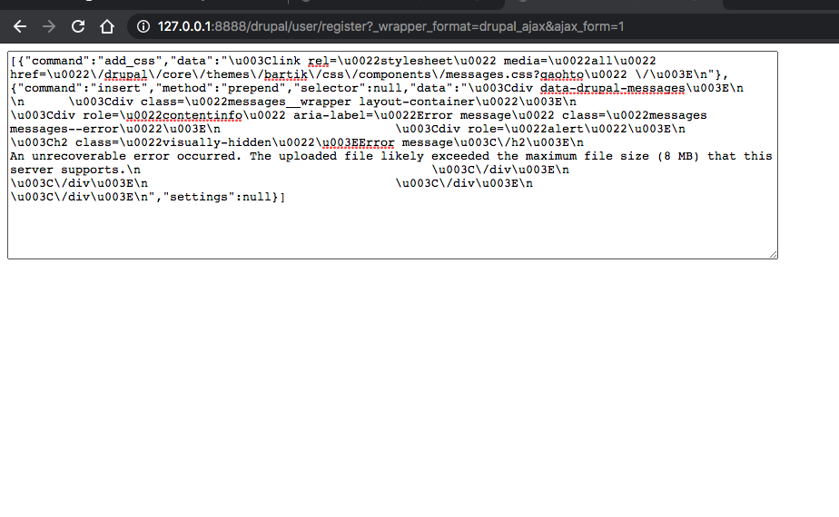 Getting AJAX Error when hit example.com/drupal/user/register?_wrapper_format=drupal_ajax&ajax ...